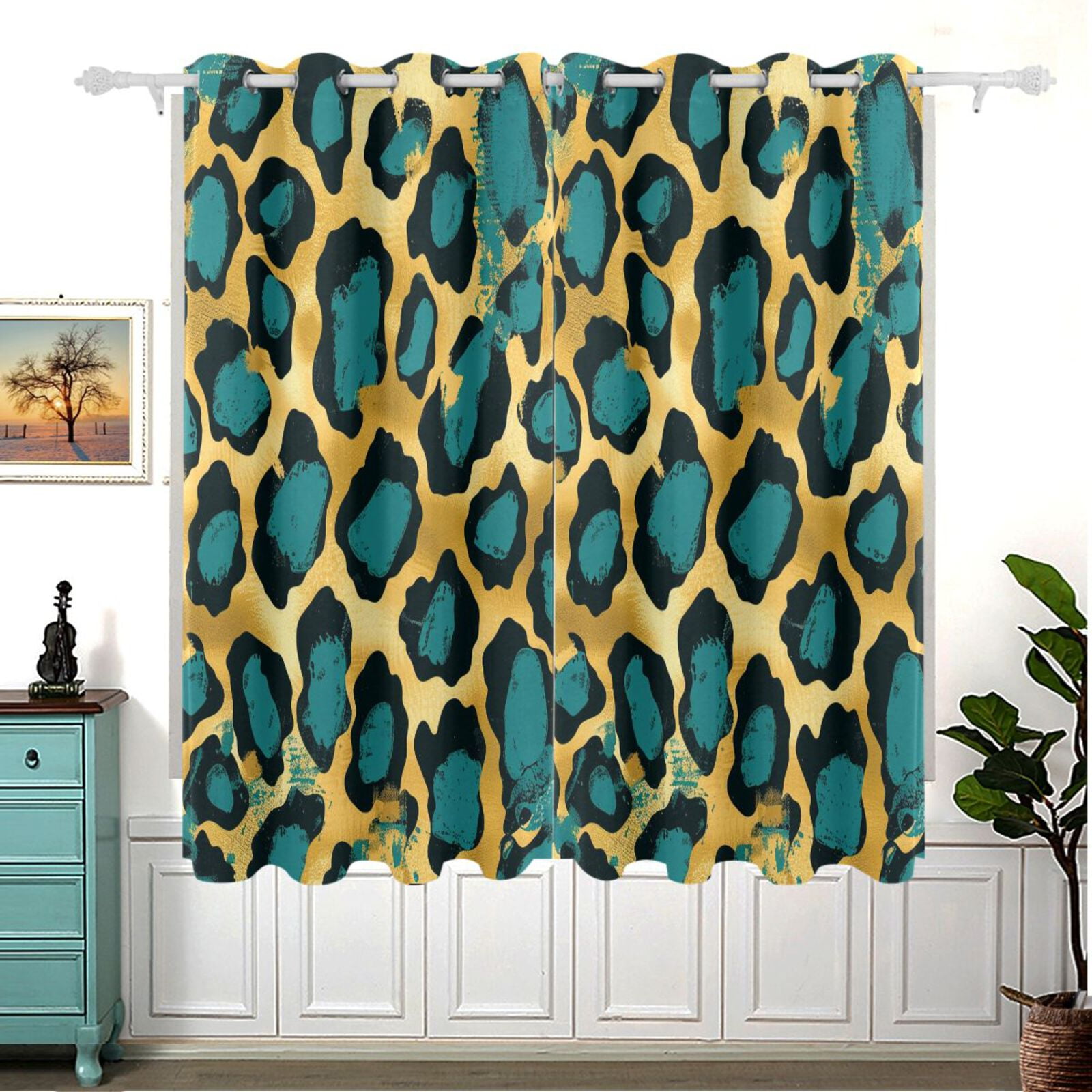 Gold Leopard Print Blackout Curtain Panels 63x55in Drapes Privacy ...