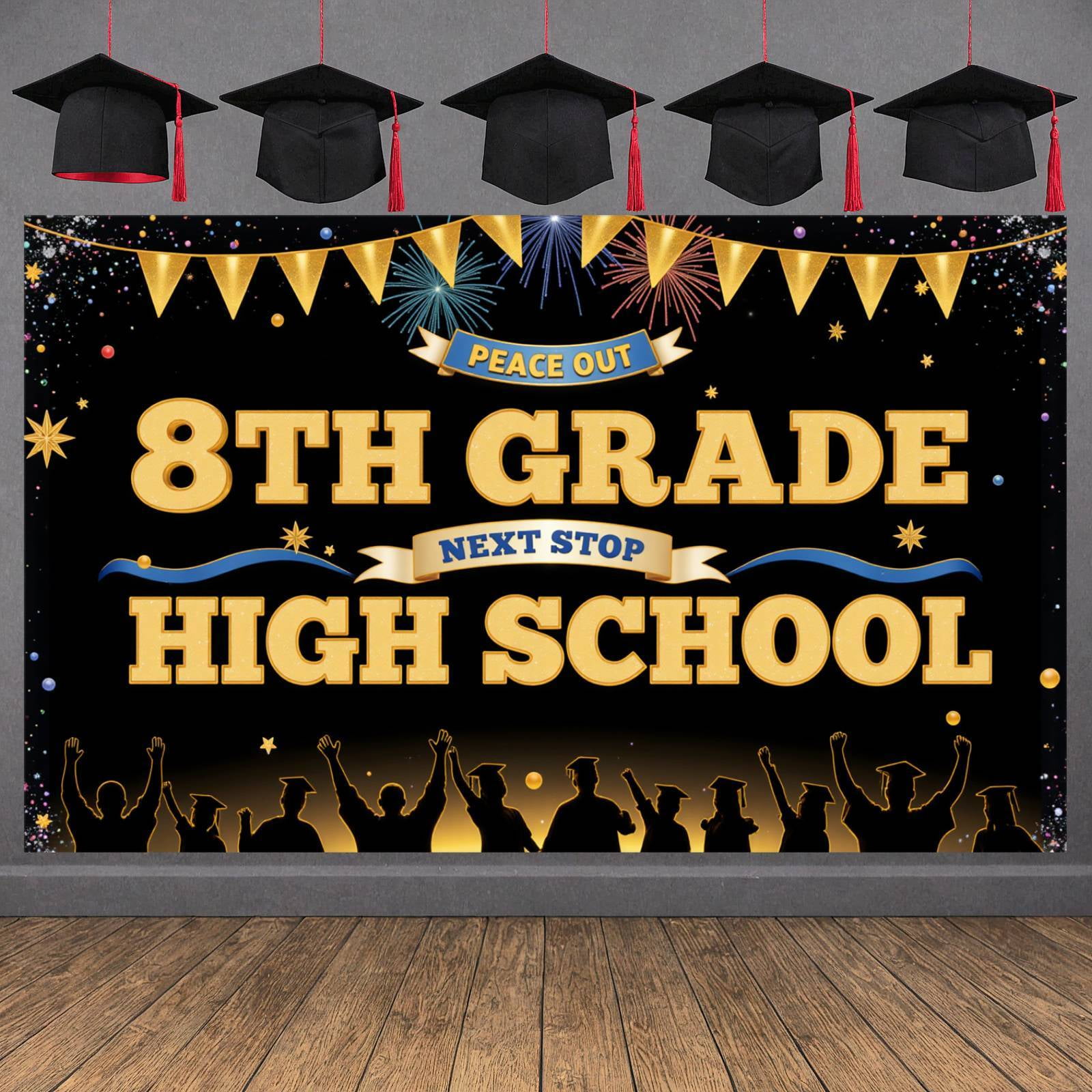 Gold Lettering 8th Grade Banner Firework Design Graduation Display Star ...