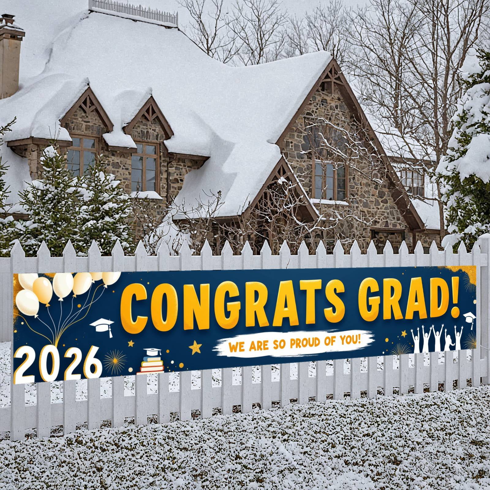 Gold Lettering Graduation Banner Blue Background Congratulation Display ...