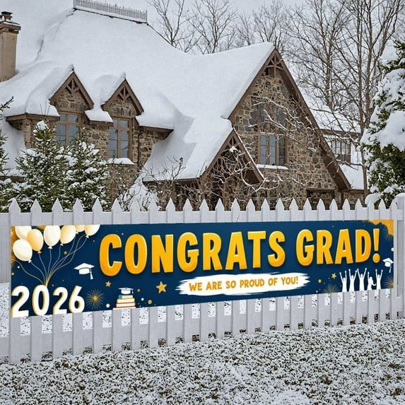 Gold Lettering Graduation Banner Blue Background Congratulation Display ...