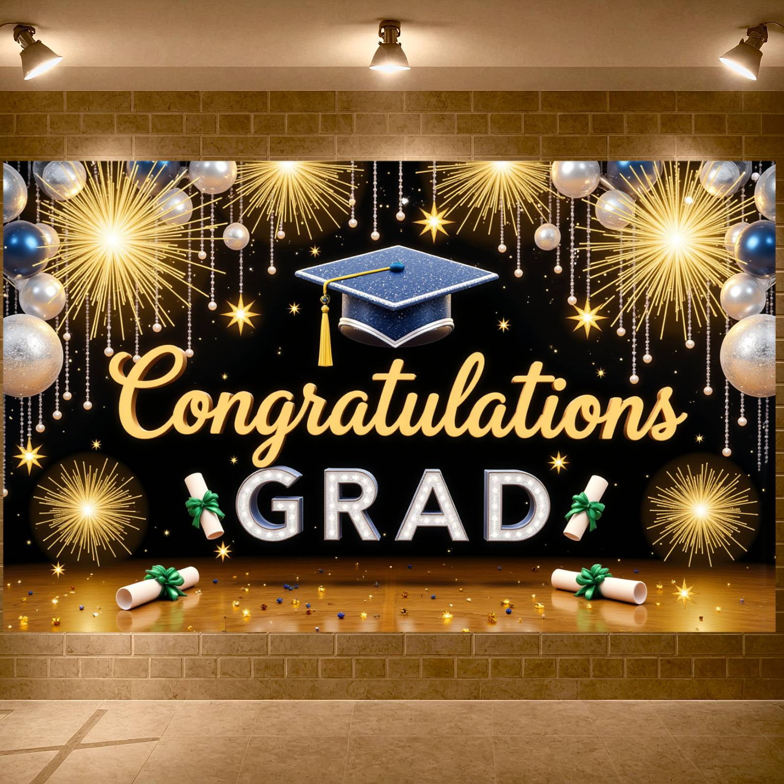 Gold Lettering Graduation Banner Blue Grad Cap Graduation Backdrop ...