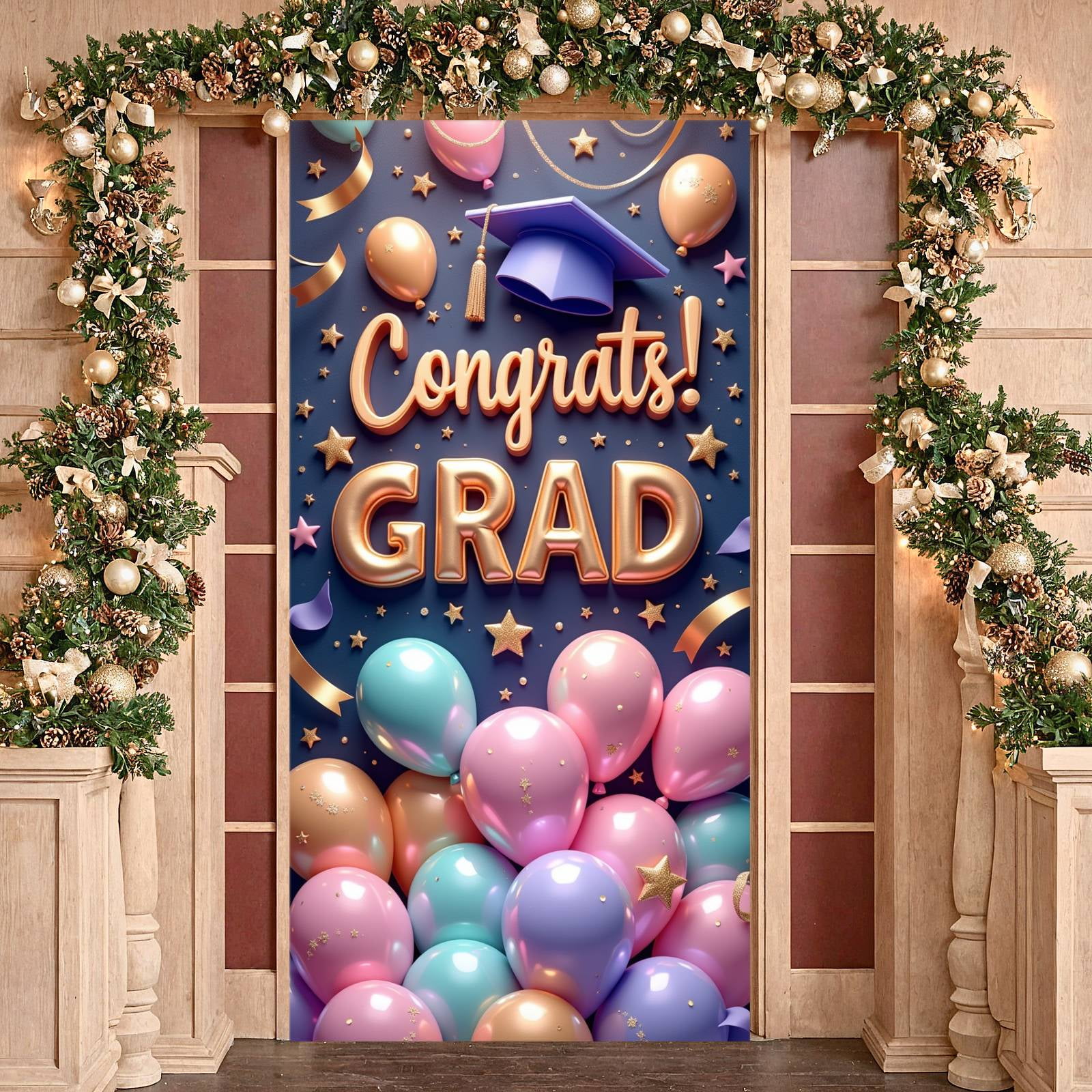 Gold Lettering Graduation Banner Colorful Balloons Congrats Grad ...