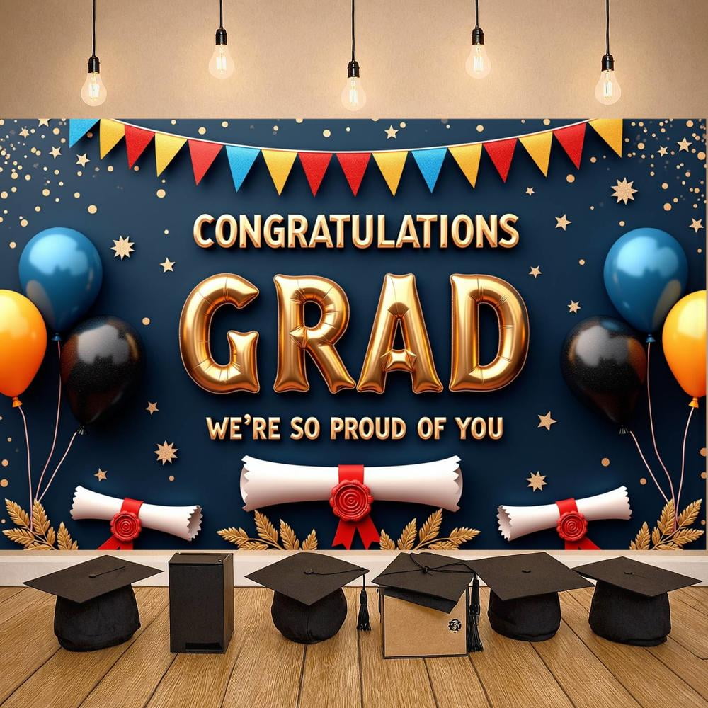 Gold Lettering Graduation Banner Colorful Balloons Grad Display ...