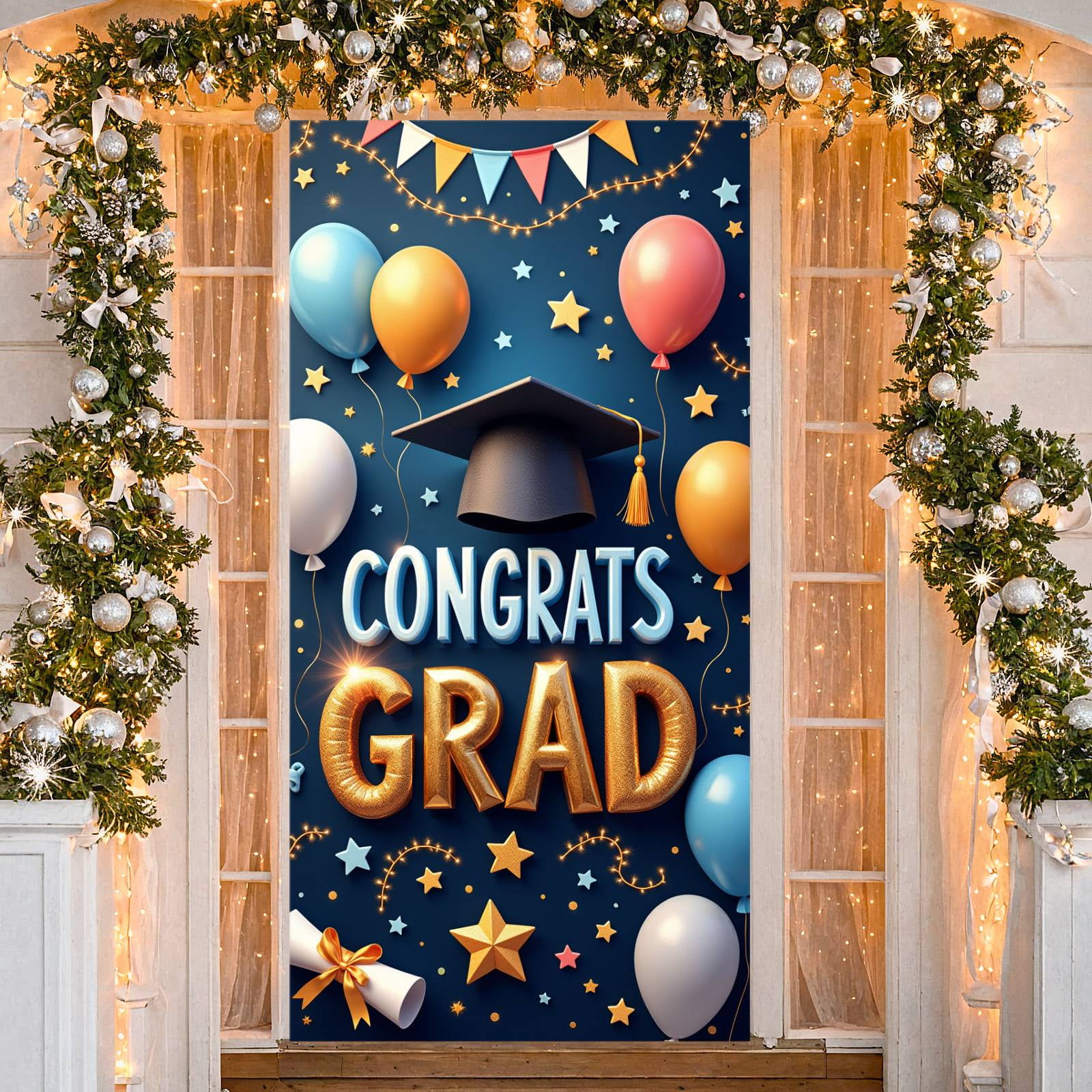 Gold Lettering Graduation Banner Colorful Balloons Grad Party Backdrop ...