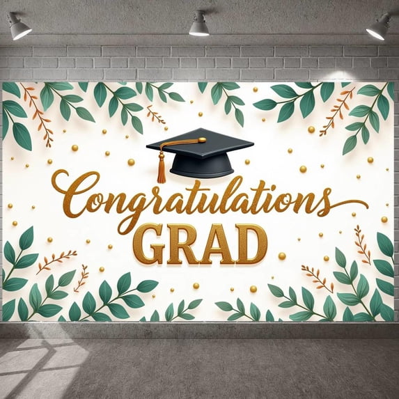Gold Lettering Graduation Banner Green Leaves Grad Display Grad Cap ...