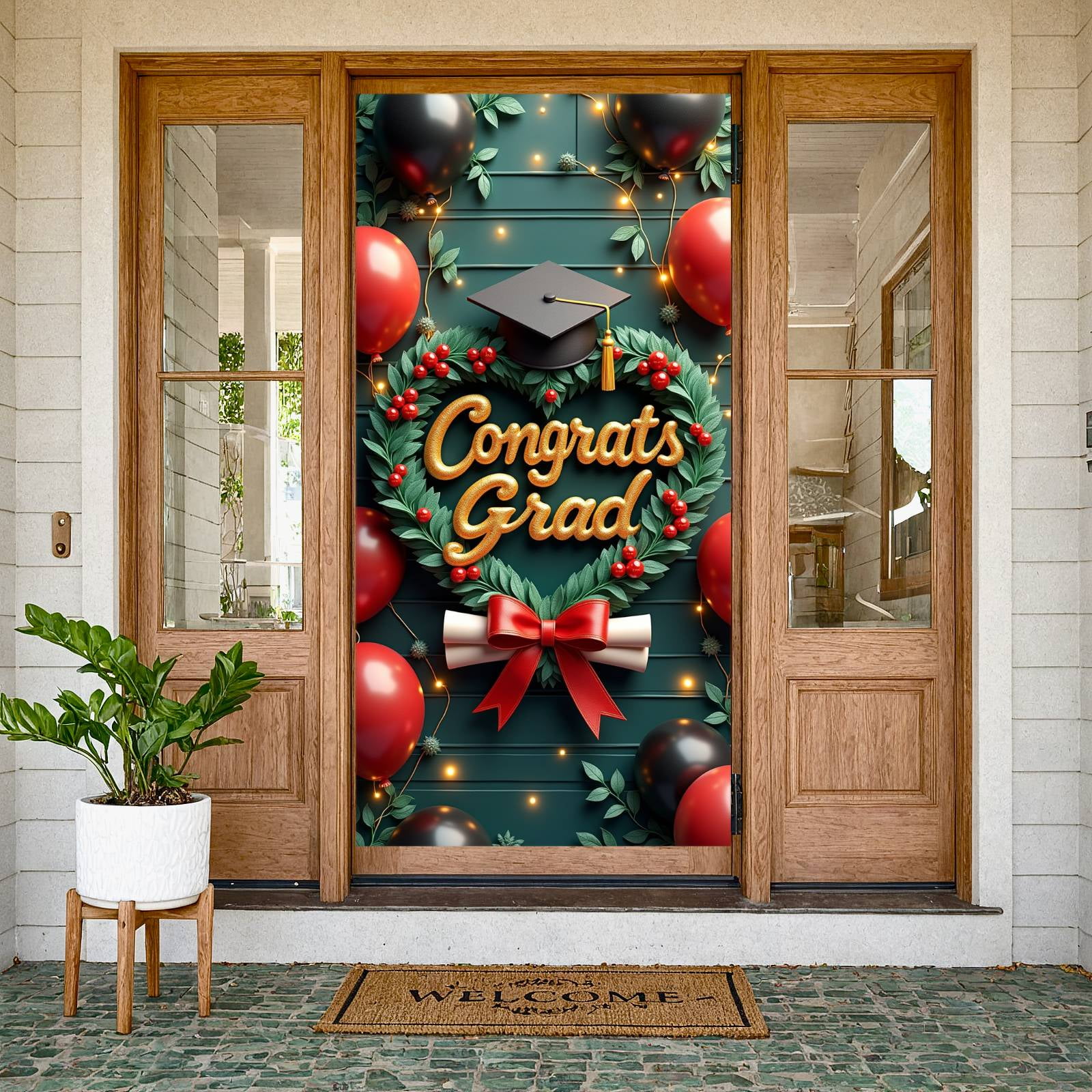 Gold Lettering Graduation Banner Green Wreath Grad Party Backdrop Red ...