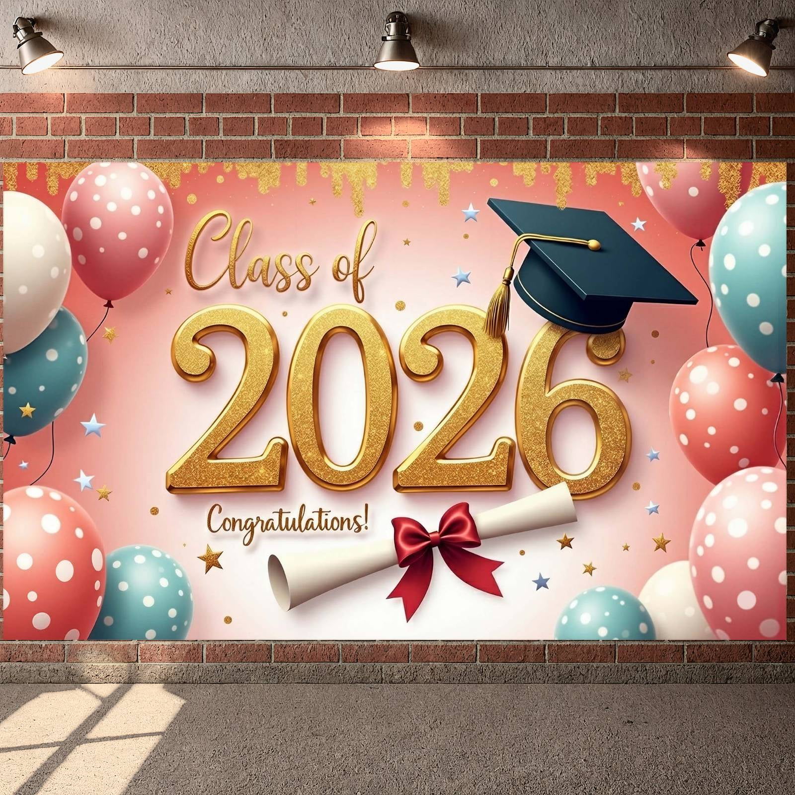 Gold Lettering Graduation Banner Pink Background Class of 2026 Display ...