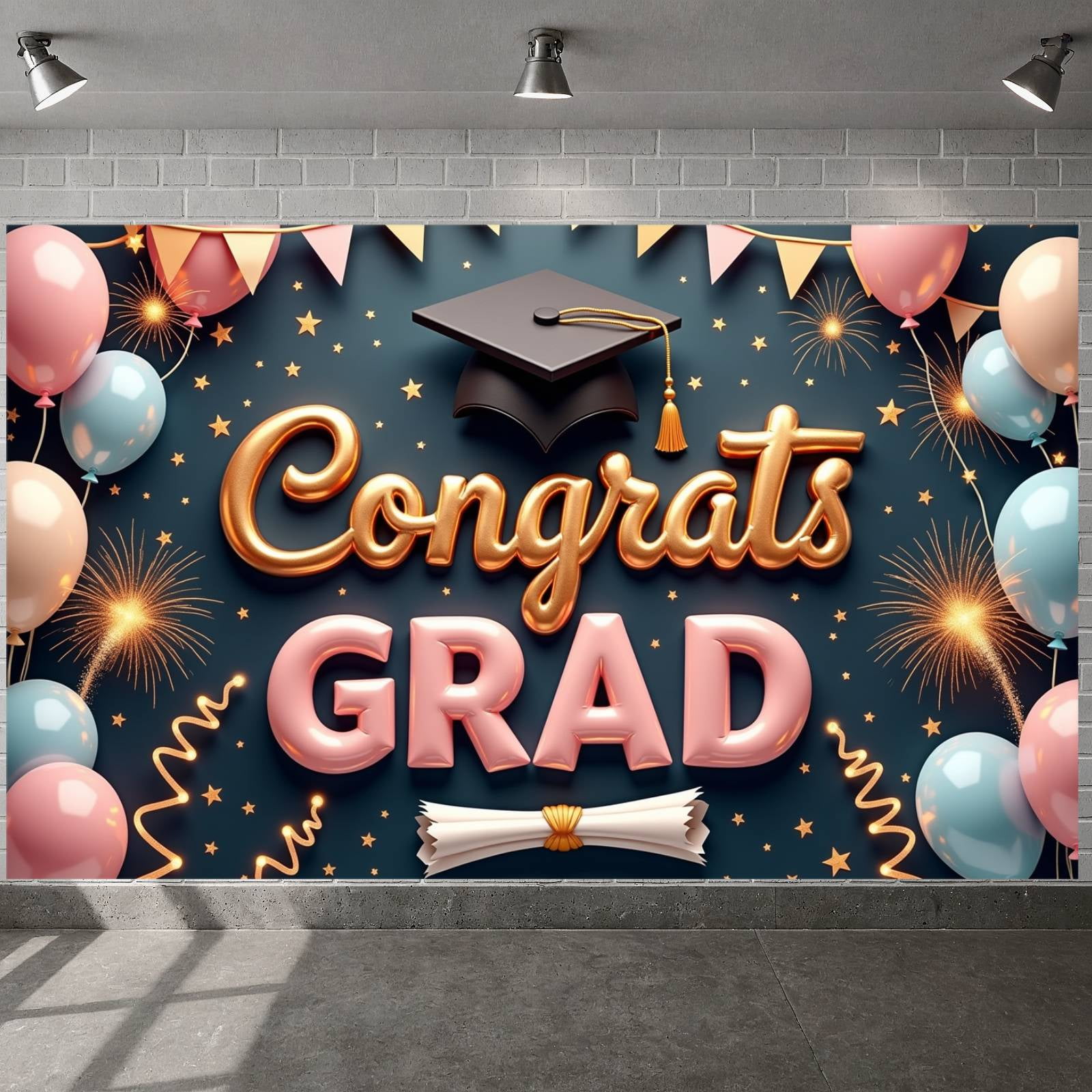 Gold Lettering Graduation Banner Purple Grad Cap Grad Party Backdrop ...
