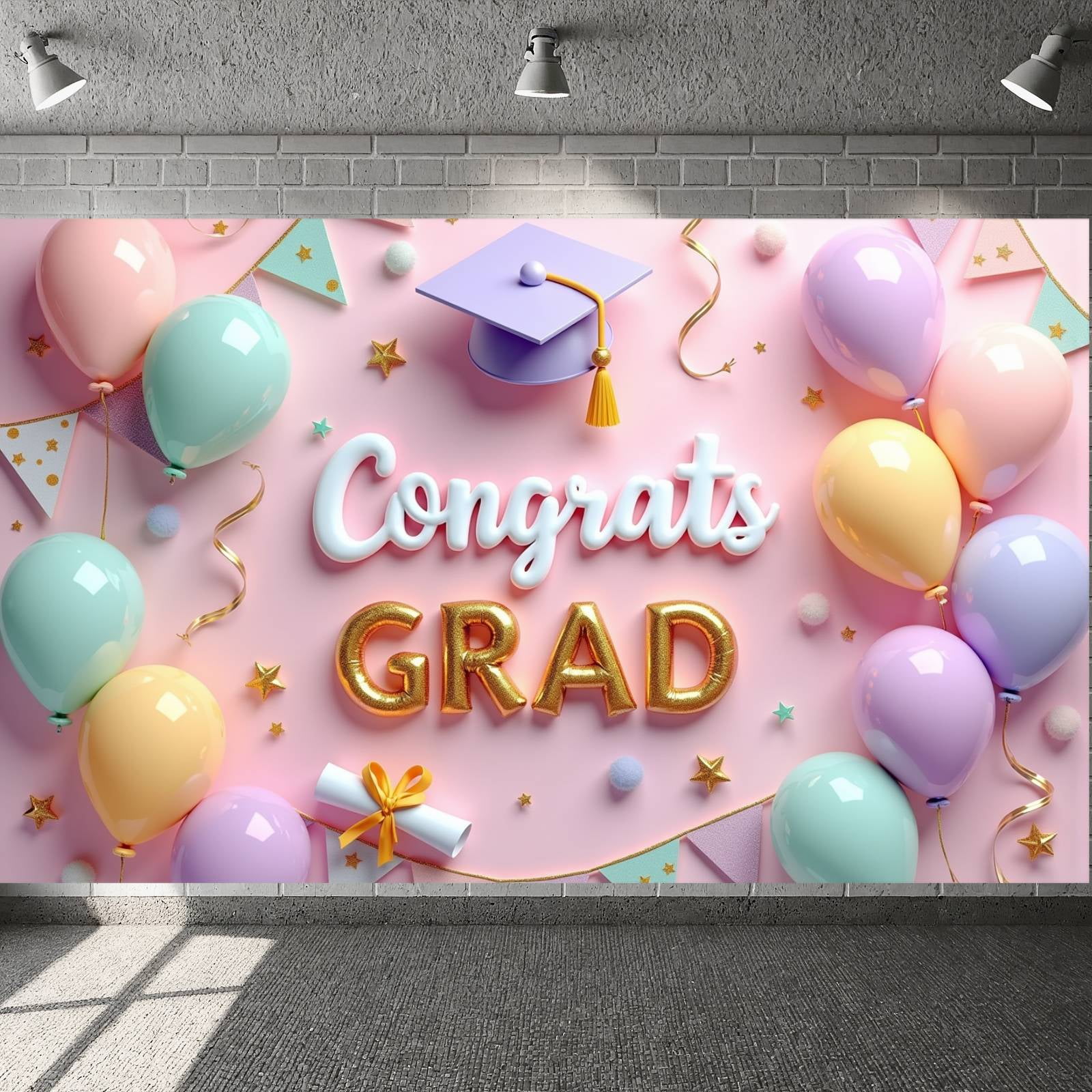 Gold Lettering Graduation Banner Purple Grad Cap Grad Party Backdrop ...