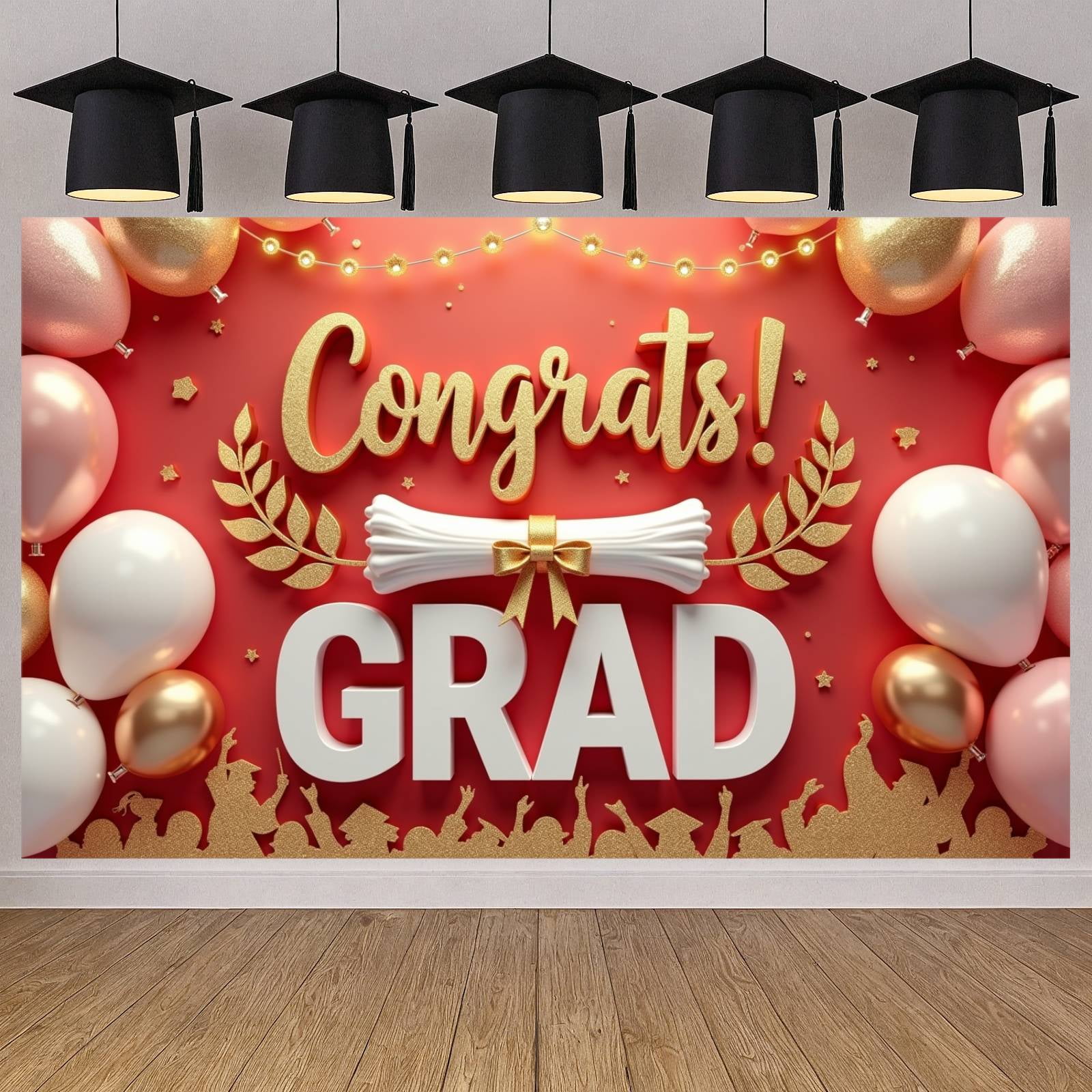 Gold Lettering Graduation Banner Red Background Congrats Display Pink ...