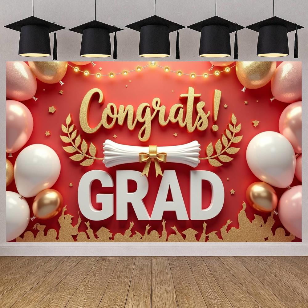 Gold Lettering Graduation Banner Red Background Congrats Display Pink ...