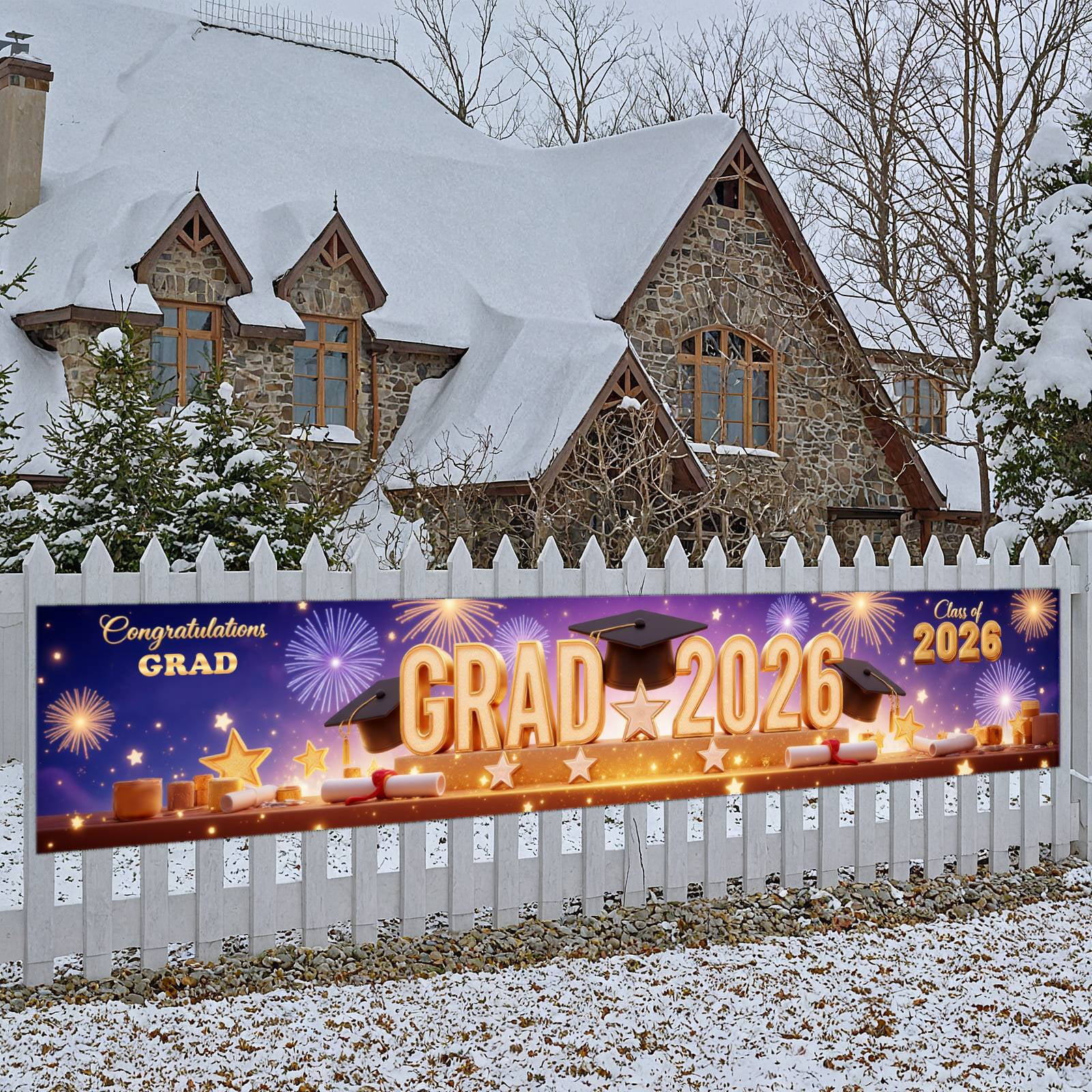 Gold Lettering Graduation Banner Sparkling Fireworks Class of 2026 ...