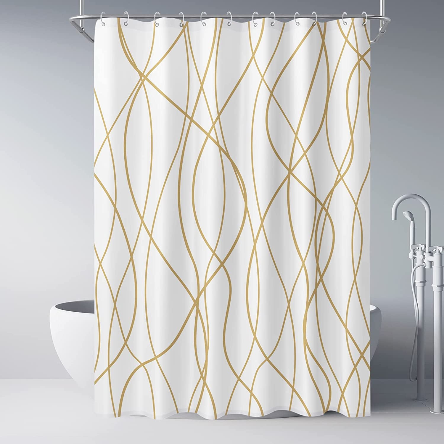 Gold Light Brown and White Striped Wavy Line Fabric Shower Curtain for ...