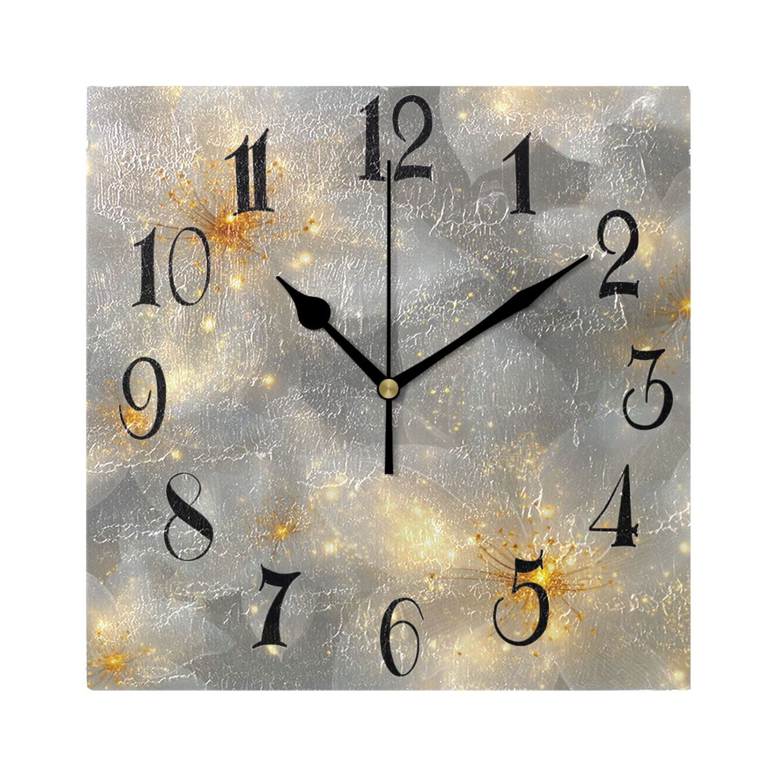 Gold Light Flowers Wall Clock Decorative Square Silent Non-Ticking ...