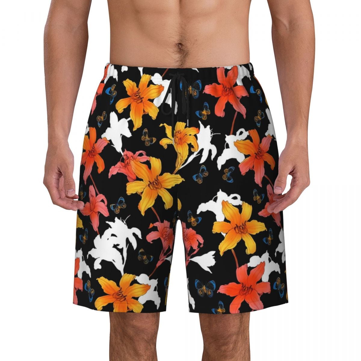 Gold Lily Floral Board Shorts Summer Retro Flowers Running Board Short ...