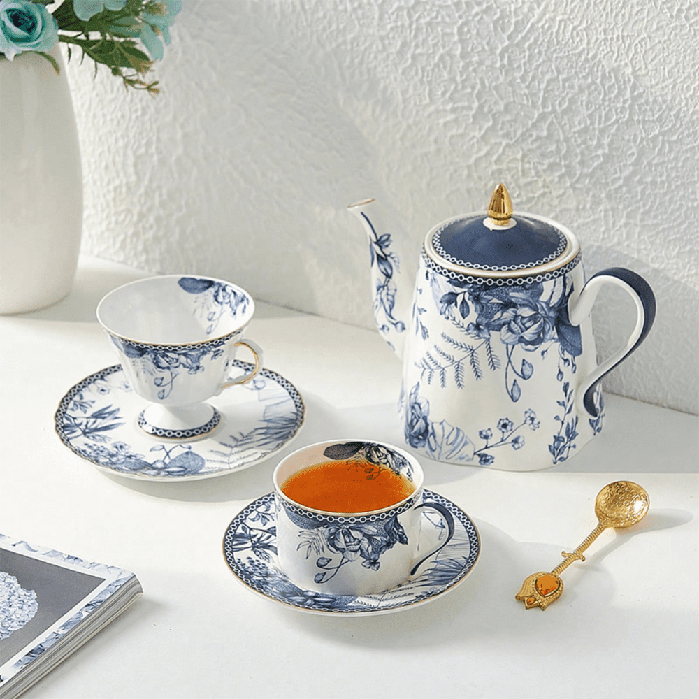 Gold Line Bone China Premium Blue And White Porcelain Ceramic Tea Set ...