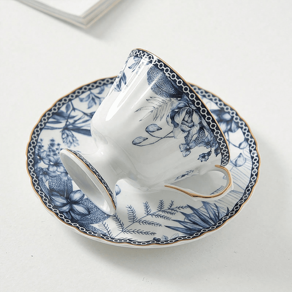 Gold Line Bone China Premium Blue And White Porcelain Ceramic Tea Set - Elegant Cup, Saucer, And ...