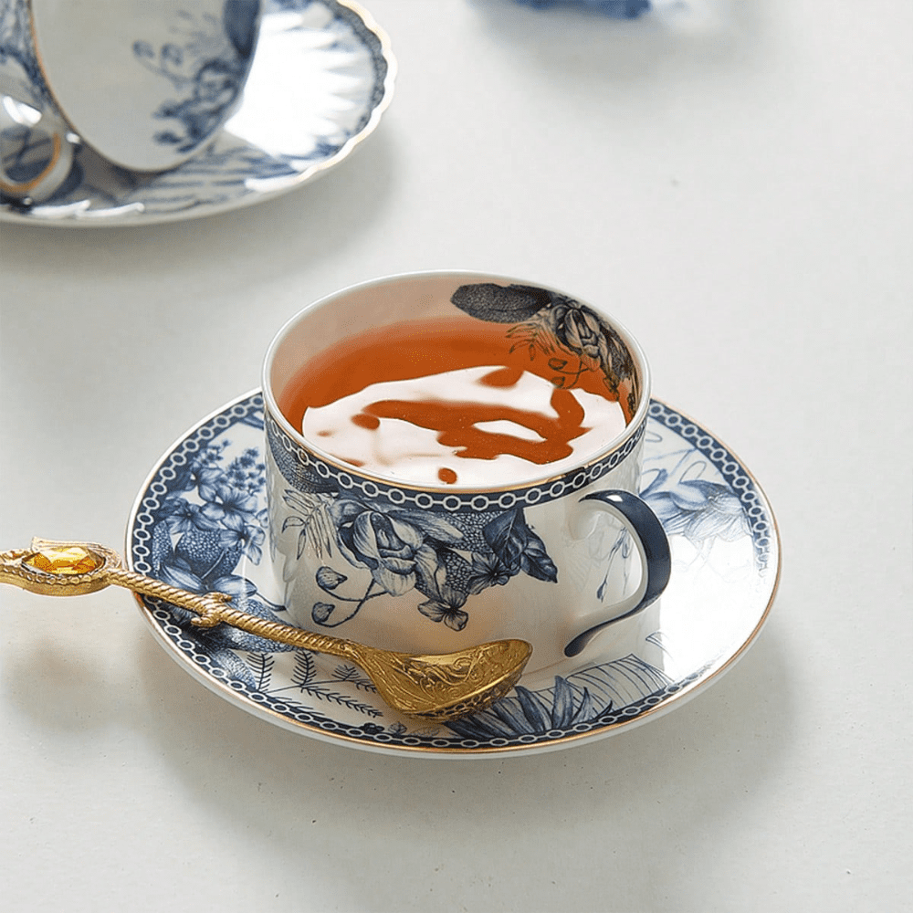 Gold Line Bone China Premium Blue And White Porcelain Ceramic Tea Set ...