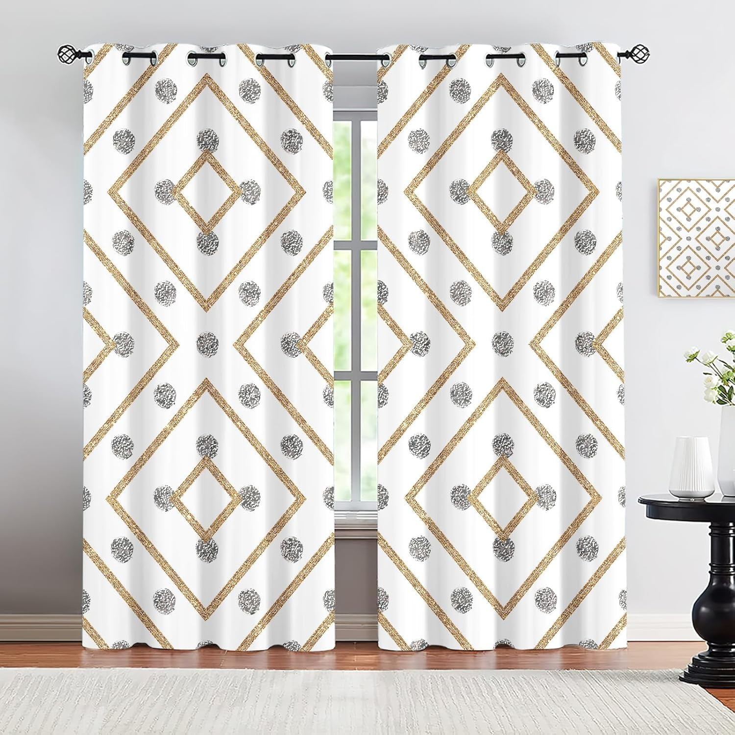 Gold Line Geometry 3D Print Grommet Blackout Curtains, Gray Dots Eyelet ...