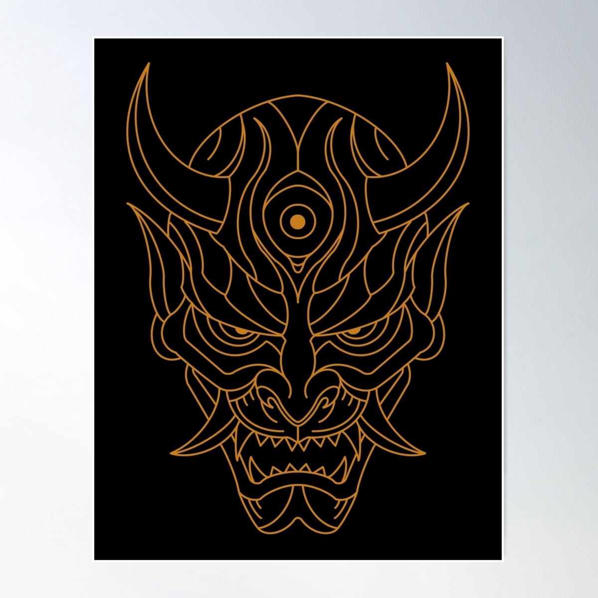 Gold Line Work Oni Mask Poster Wall Art, Modern Wall Decor For Living ...