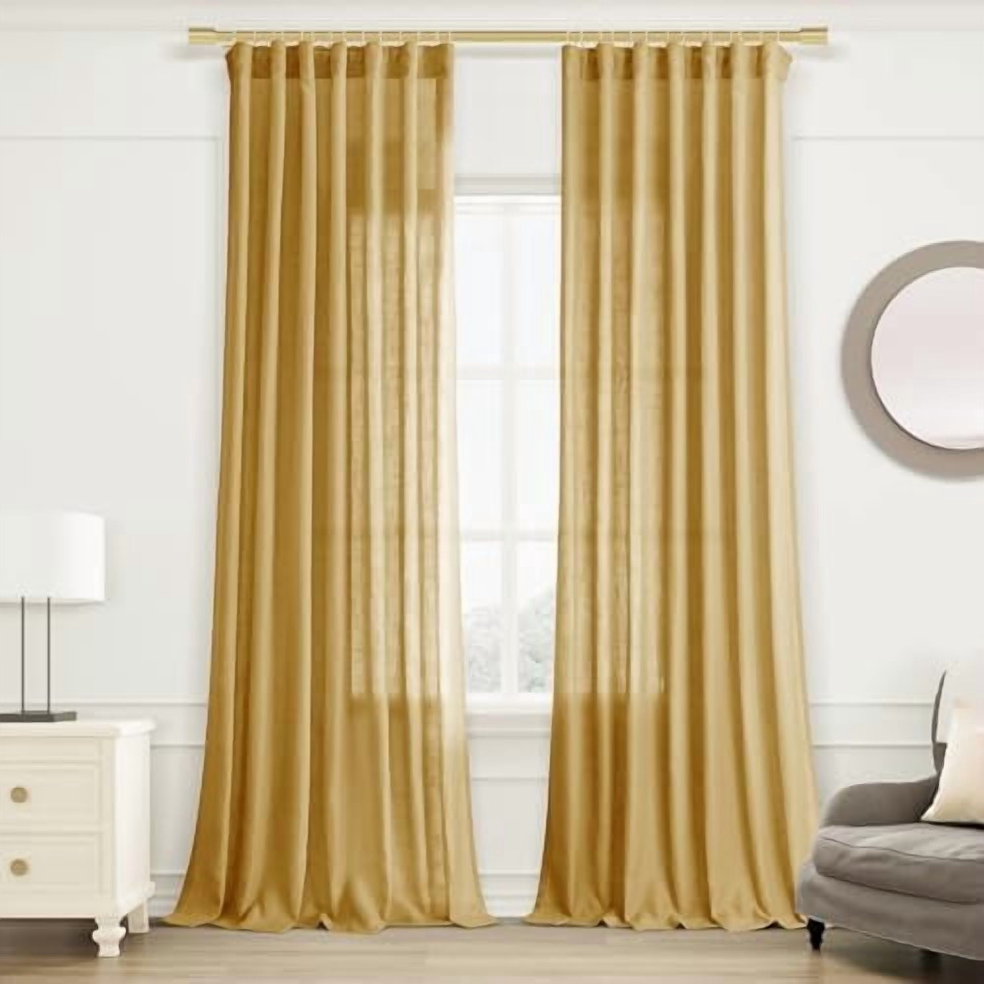 Gold Linen Semi Sheer Curtains 84 Inches Length Light Filtering Neutral ...