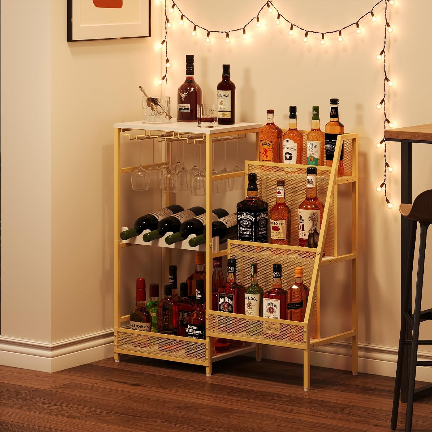 Gold Liquor Stand with Glass Holder, Multifunctional Wine Rack ...