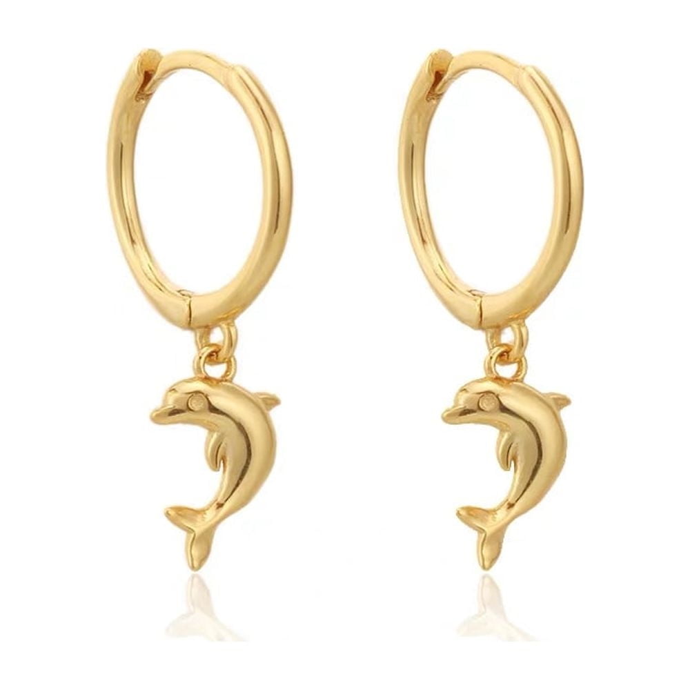 Gold Little Dolphin Dangle Hoop Earrings Sterling Silver S925 for Women ...
