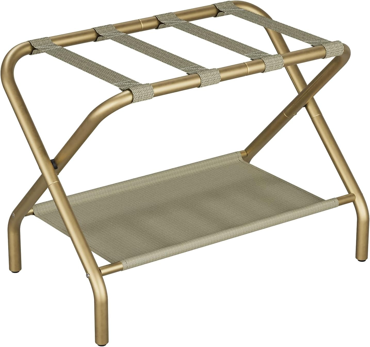 Gold Luggage Rack, Foldable Suitcase Stand with Fabric Storage Shelf ...
