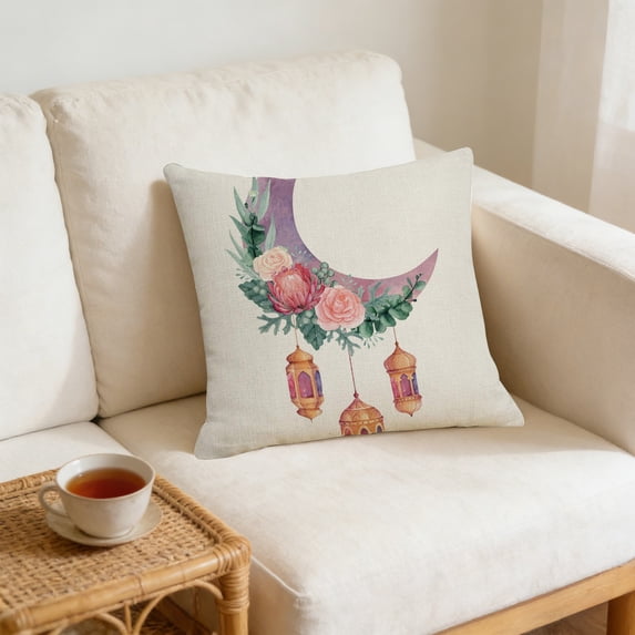 Gold Lunar Eid Linen Pillowcase, Festive Islamic Cushion Cover, Fade ...