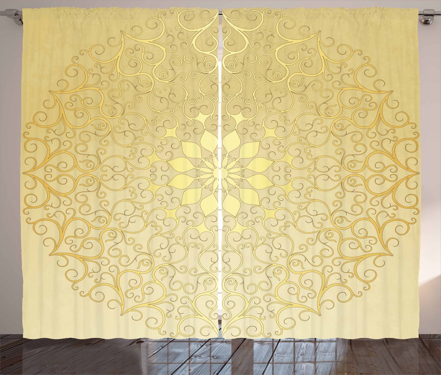 Gold Mandala Curtains 2 Panels Set, Round Antique Motif Curvy Stylized ...
