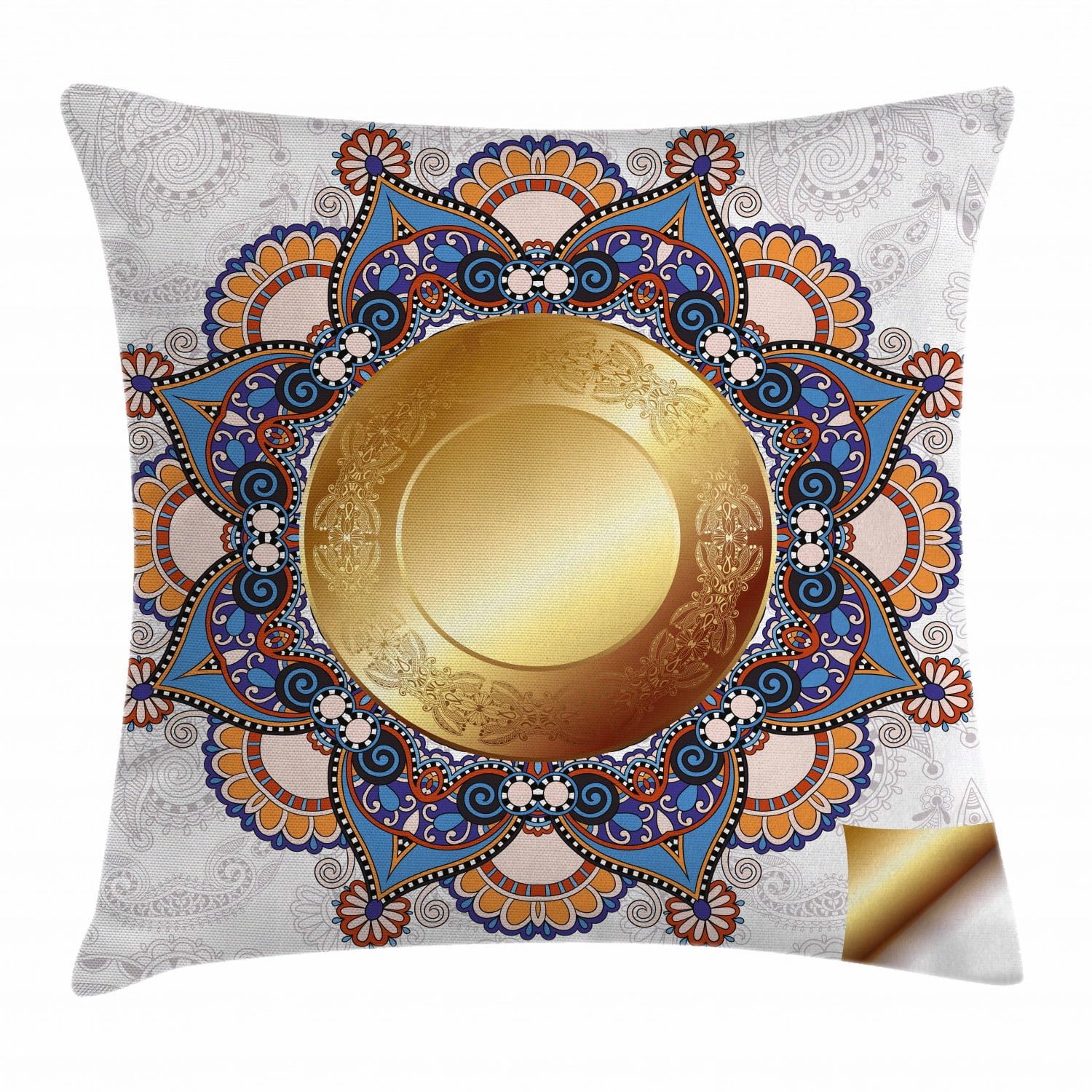 Gold Mandala Throw Pillow Cushion Cover, Faded Floral Backdrop with ...