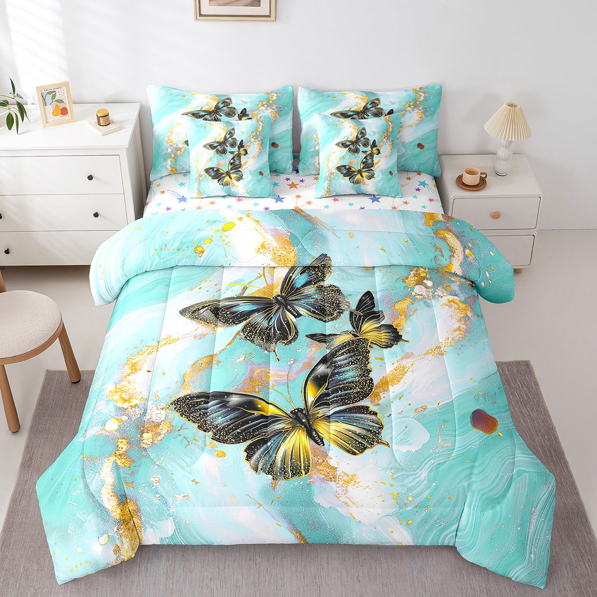 Gold Marble Bed in a Bag Queen Comforter Set 7 Piece Black Butterfly Sheet Set,Cyan Marbling ...