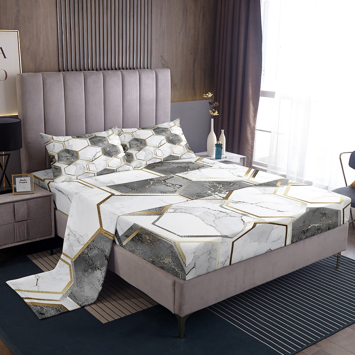 Gold Marble Bed Sheets Set Teens Grey White Stone Pattern Sheet Set ...