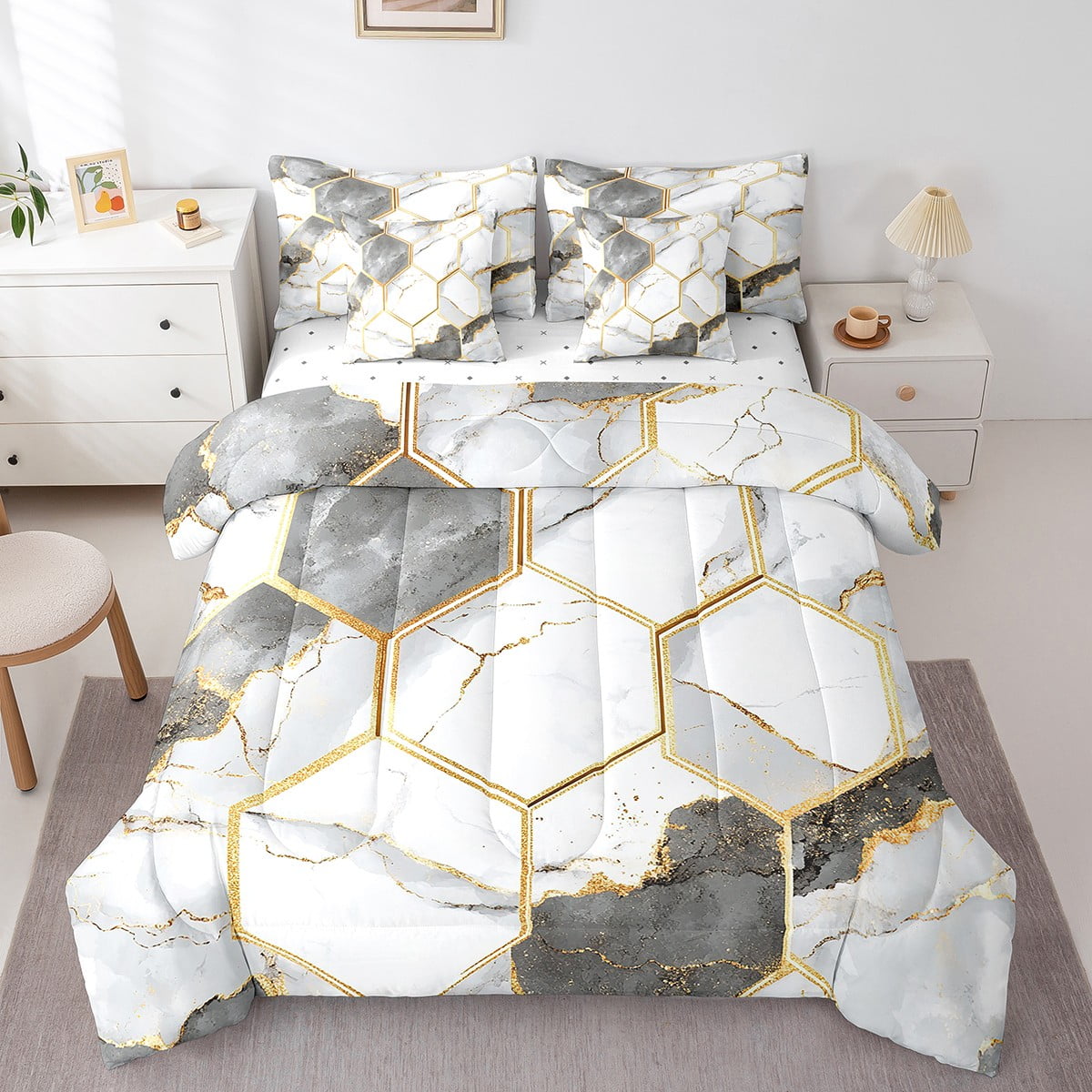 Gold Marble,Bedding Set Queen Size Geometric Hexagon Comforter 7 Pieces ...