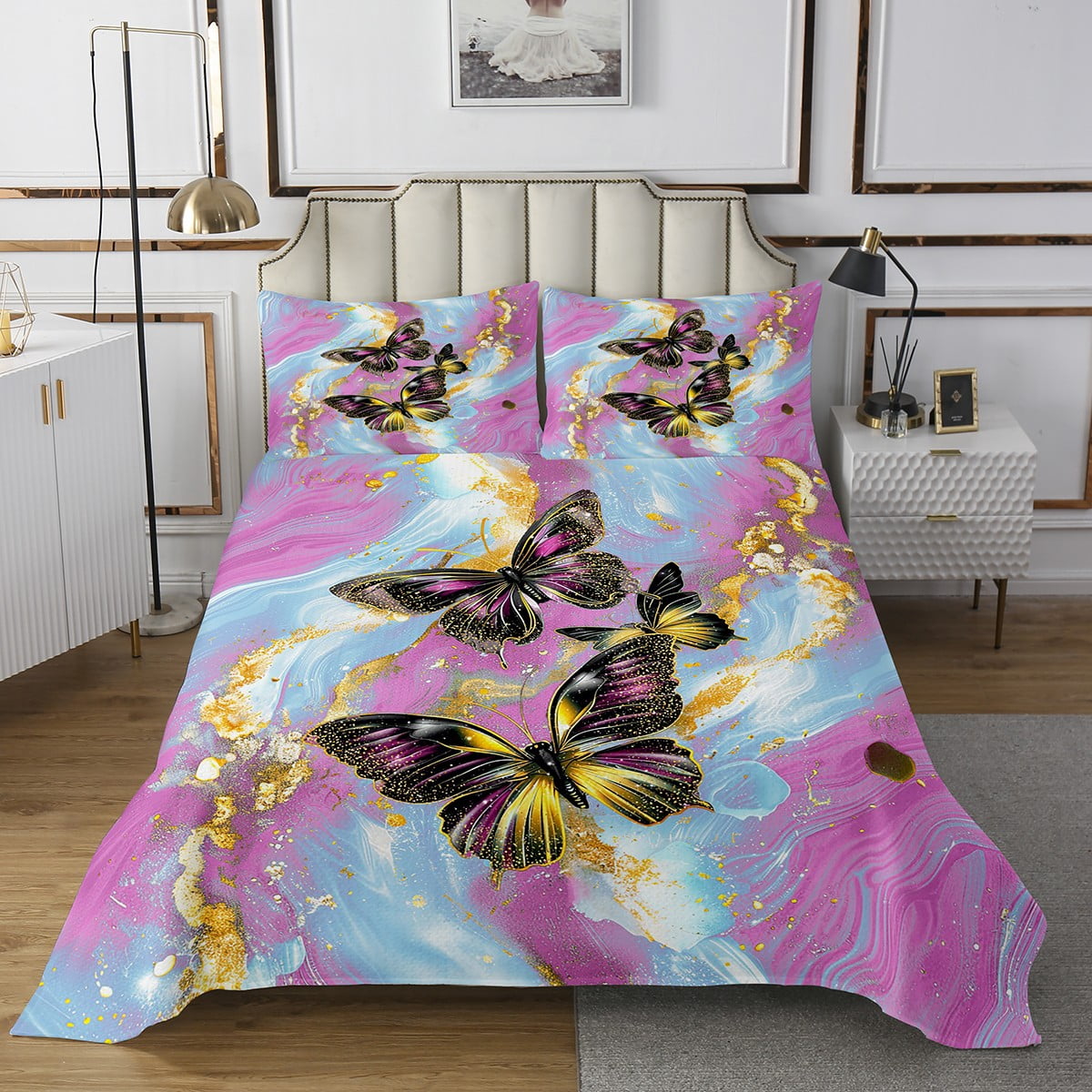 Gold Marble Bedspread Set Purple Butterfly Quilt Set Twin,Teal Marbling ...