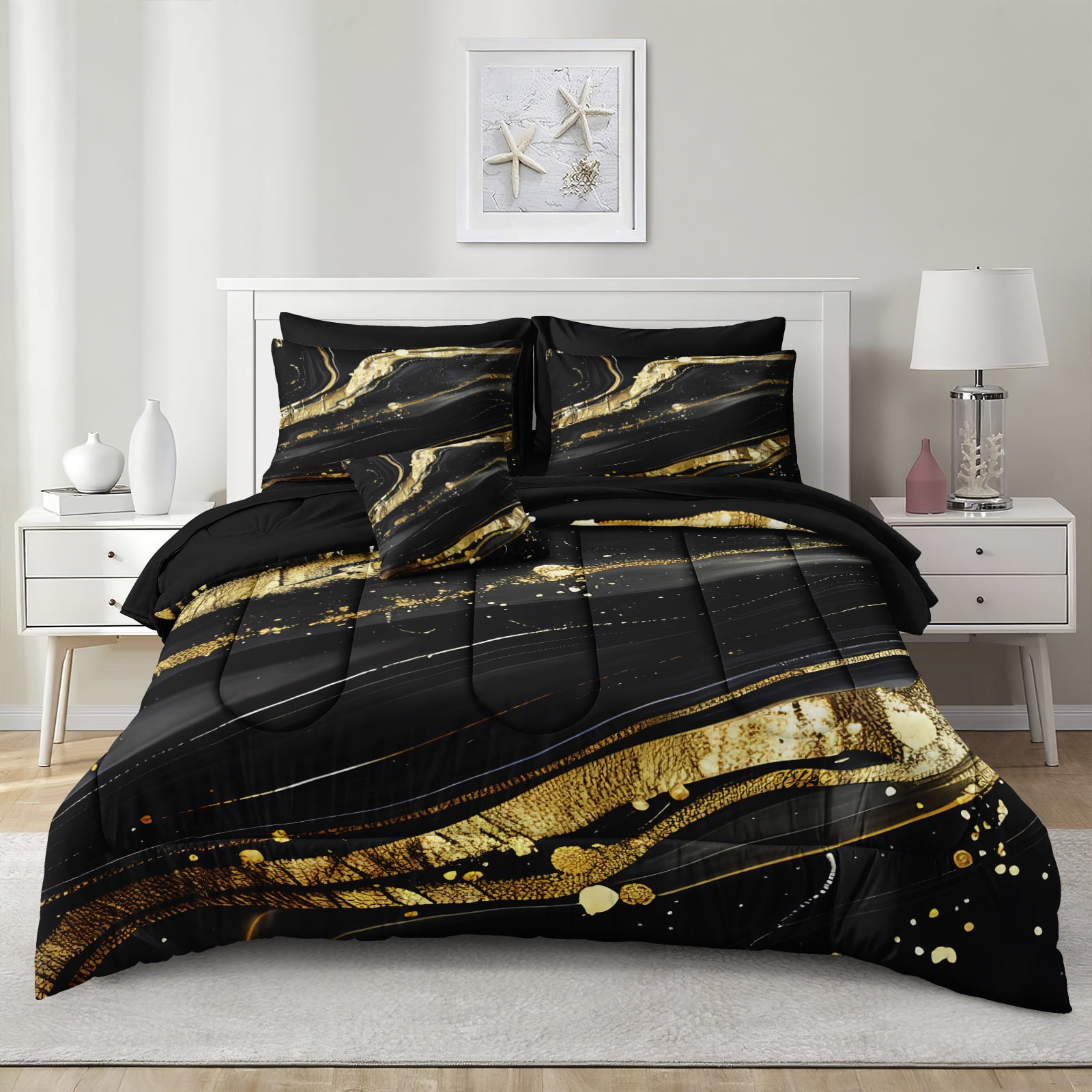 Gold Marble Comforter Set 8 Pieces Abstract Marble Bed in a Bag 100% ...