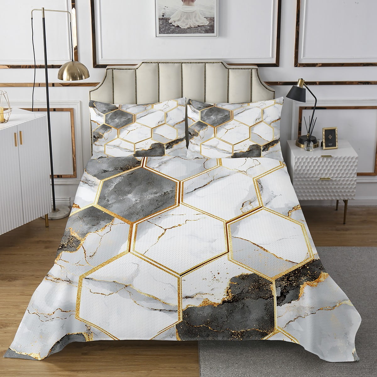 Gold Marble,Coverlet Set King Size Geometric Hexagon Bedspread Set ...