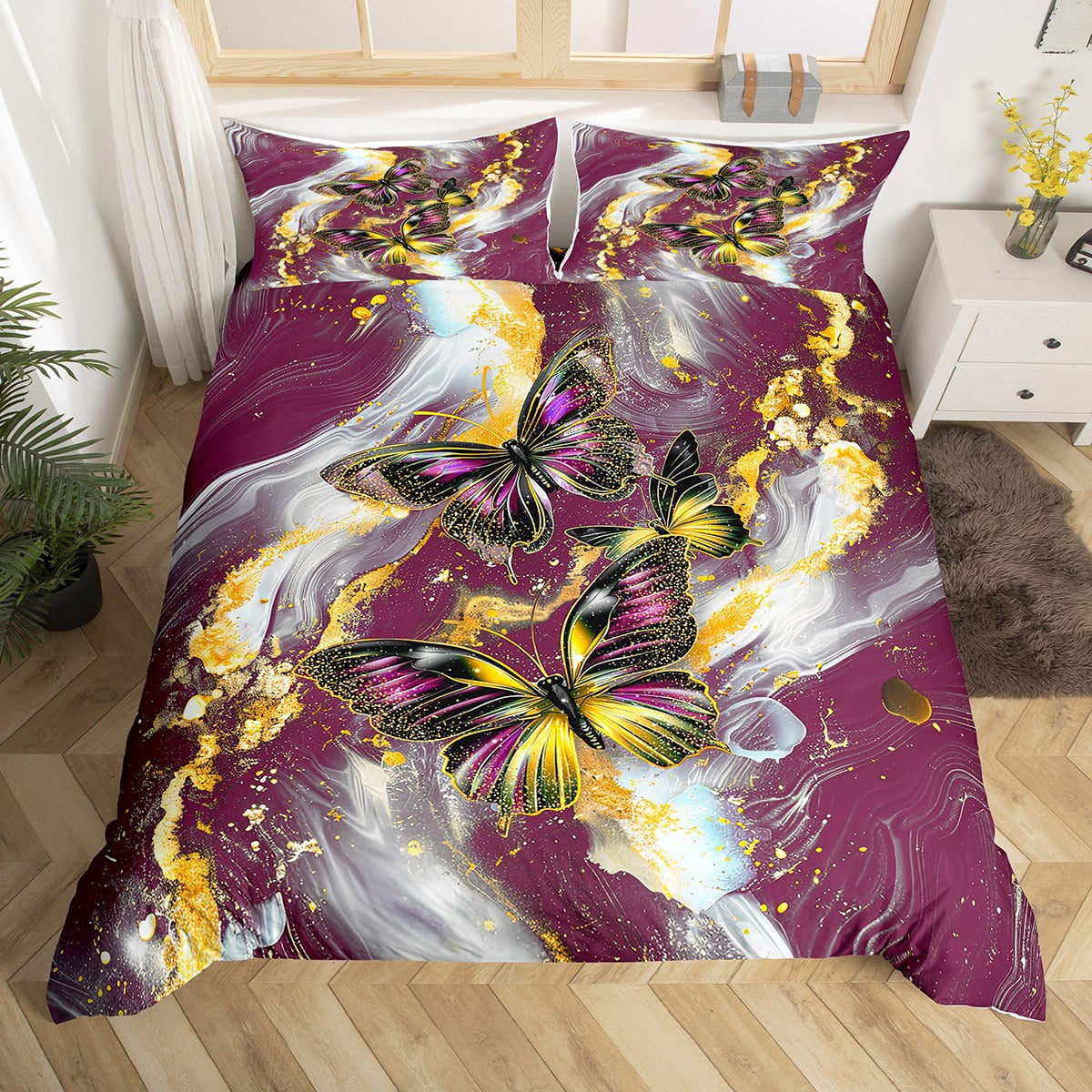 Gold Marble Duvet Cover Set Purple Butterfly King Bedding Set,Red Lilac ...