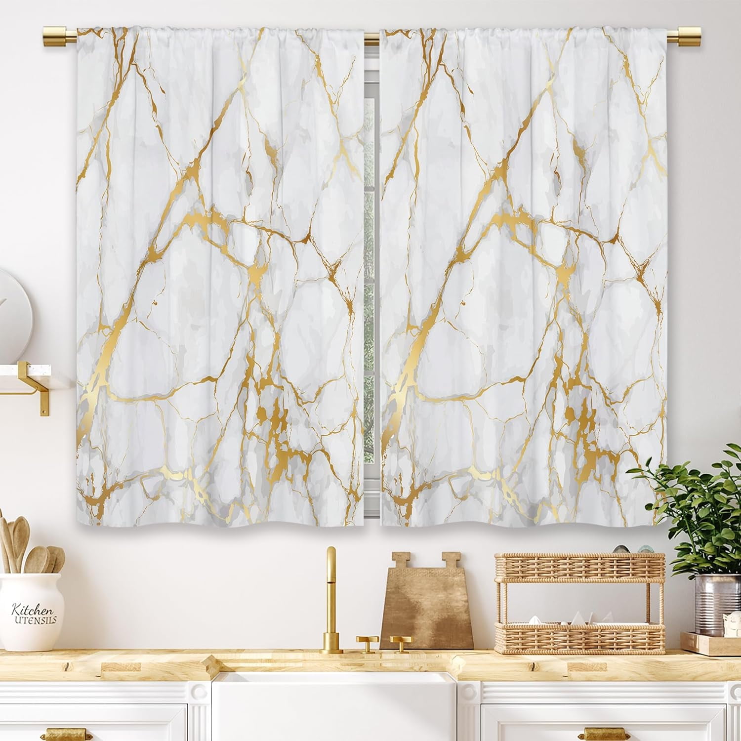 Gold Marble Kitchen Curtains Golden Luxury Abstract Small Short Cafe ...
