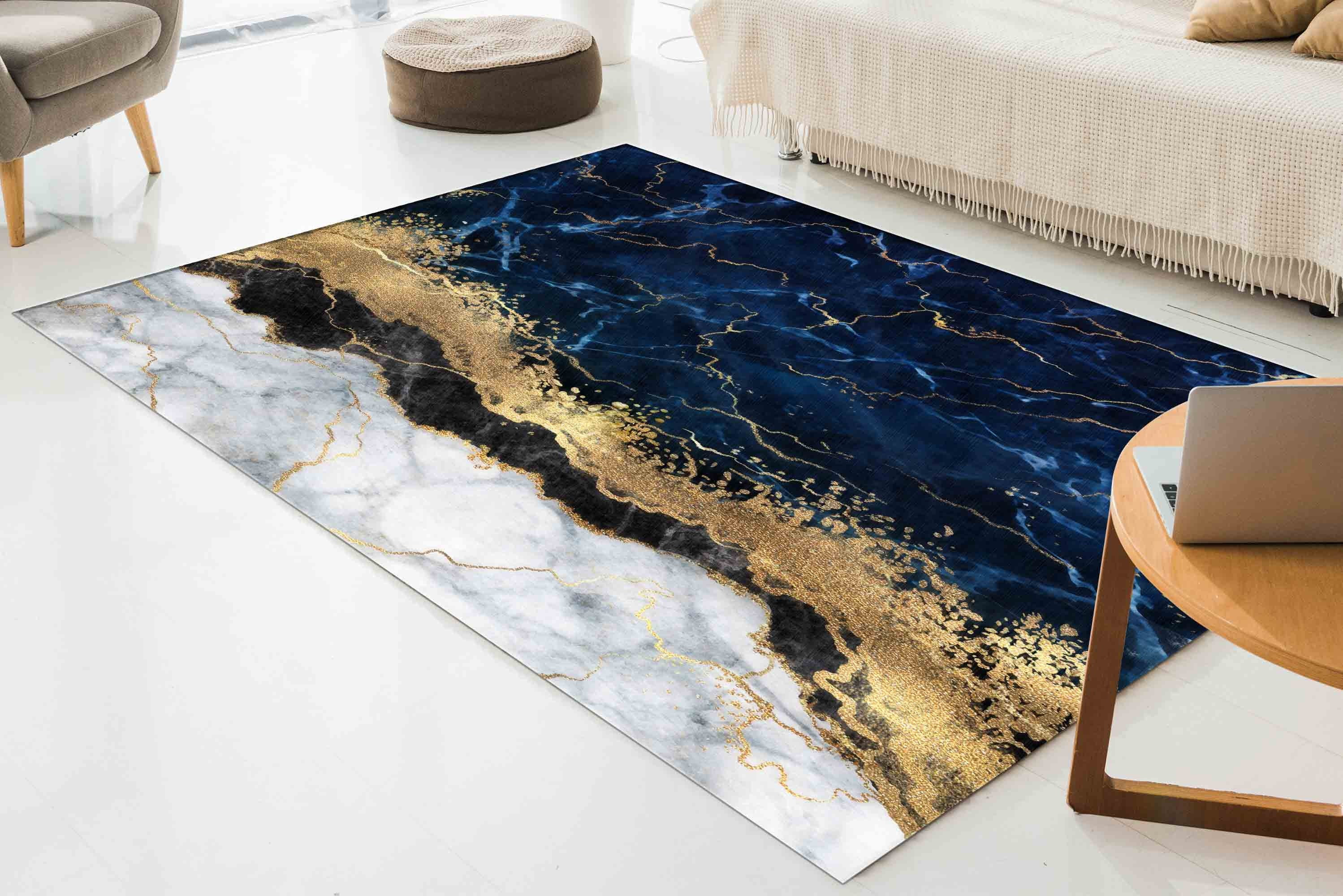 Gold Marble Rugs, Easy to Clean Rugs, Marble Rug, Navy Blue Marble Rug ...
