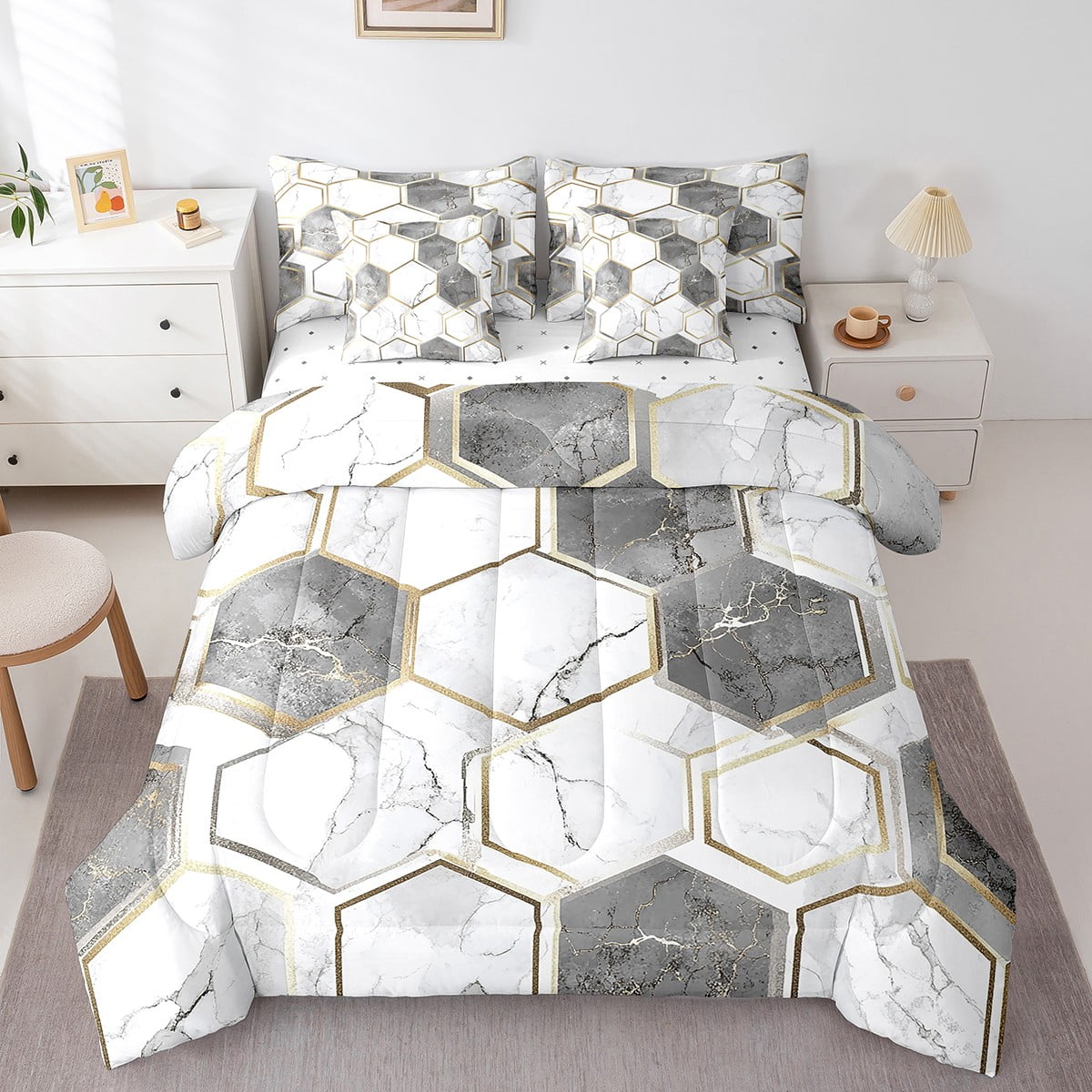Gold Marble Sheet Set Teens Grey White Stone Pattern Comforter 7 Pieces ...