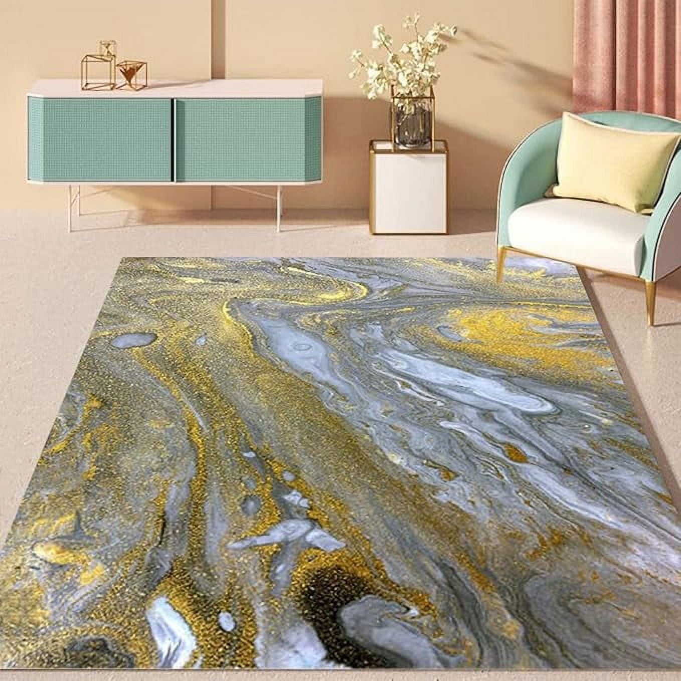 Gold Marble Swirl Area Rug, Modern Minimalist Style Decorative Rug ...