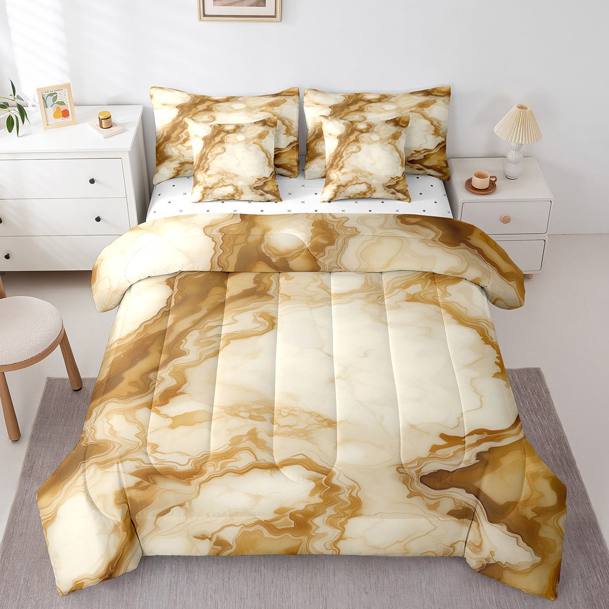 Gold Marbling Bedding Comforter Sets 7pcs Brown Abstract Artwork Bed in ...