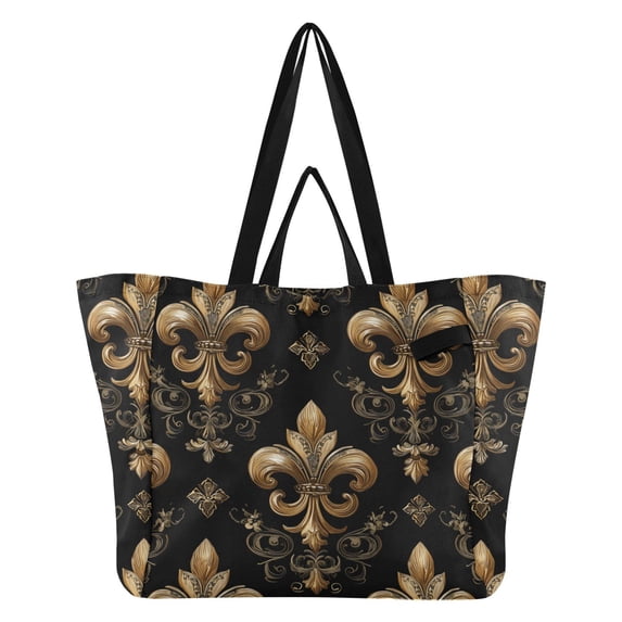 Gold Mardi-gras Flowers on Black Background Foldable Canvas Tote Bags ...