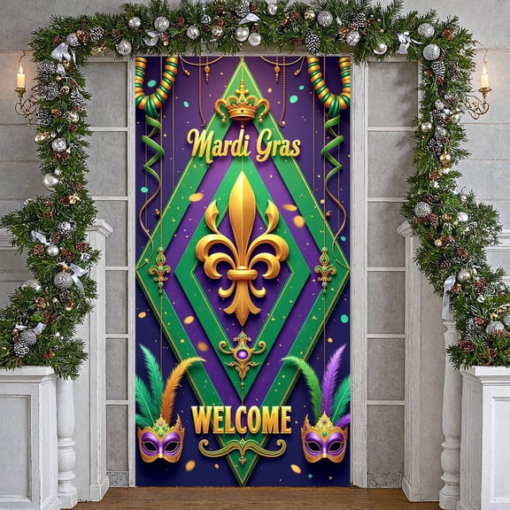 Golden Mask Mardi Gras Banner Colorful Feathers Carnival Display Purple ...