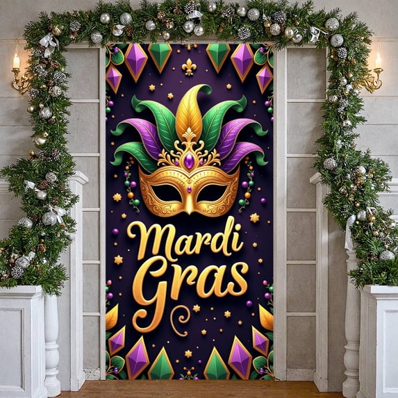 Gold Mask Mardi Gras Banner Purple Green Feathers Carnival Display ...