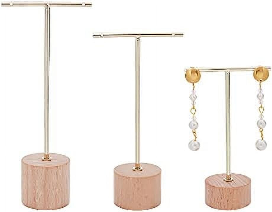 Gold Metal 3 Pcs T Bar Earring Display Stand with Wooden Base Jewelry ...