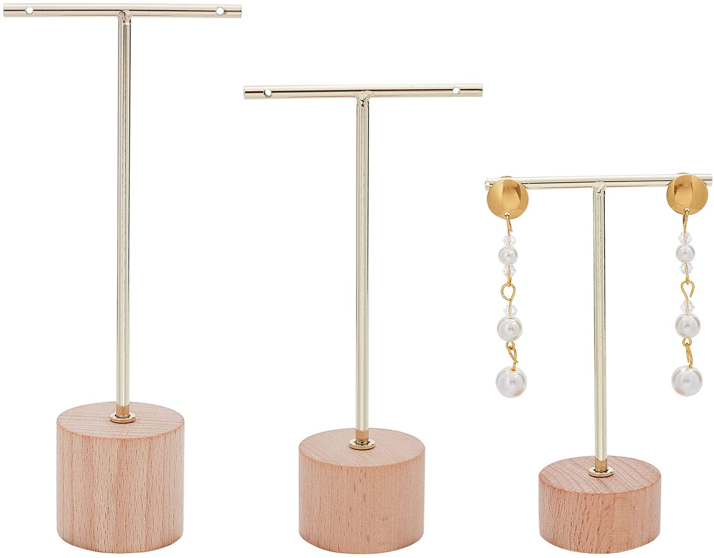 Gold Metal 3 Pcs T Bar Earring Display Stand with Wooden Base Jewelry ...