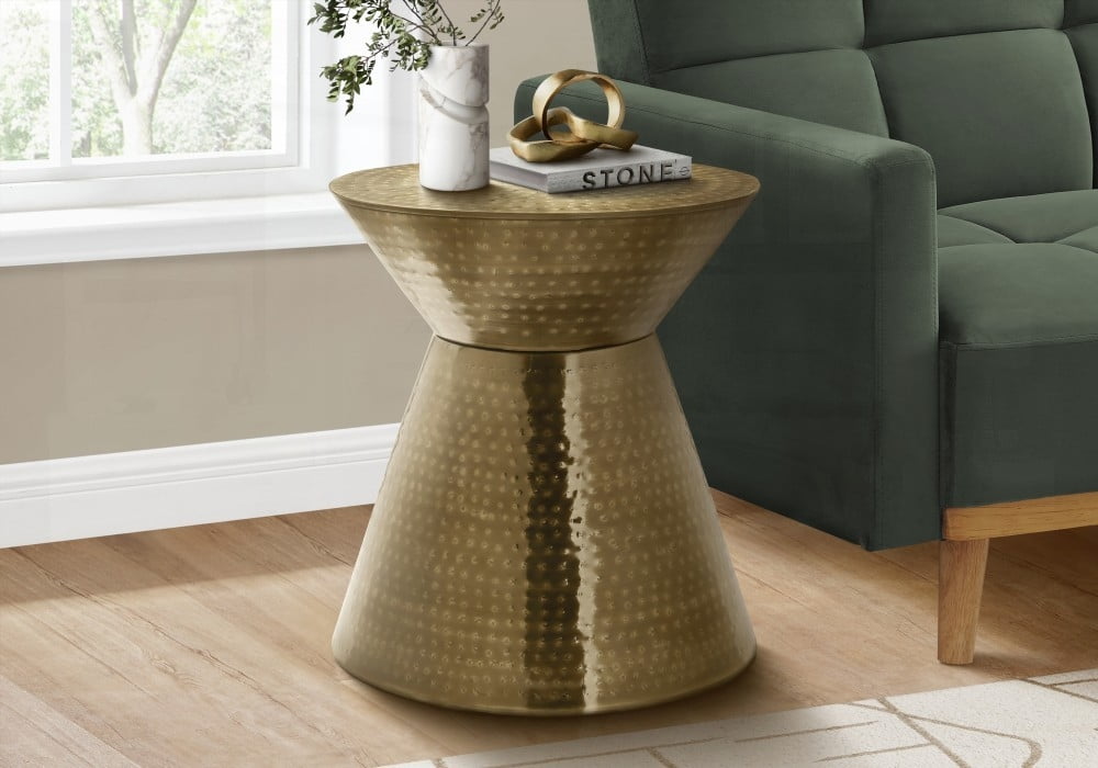 Gold Metal Accent Table, 22" High, Hammered Sides, Modern Hour Glass, Bedroom or Living Room ...