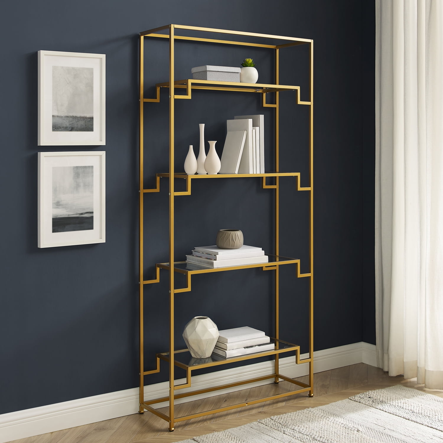 Gold Metal Bookshelf with Glass Shelves - Modern Etagere Bookcase ...